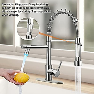 KZH Kitchen Faucet with Pull Down Sprayer Commercial Single Handle Stainless Steel Two Spout Kitchen Sink Faucet with LED Light,Deck Plate,Brushed Nickel