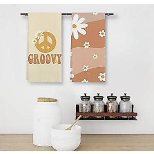Groovy Retro 70s Hippie Boho Daisy Floral Peace Sign Kitchen Towels Set of 2,Cotton Modern 24 X 16 Inches Dish Towels Dishcloths,Dish Cloth Flour Sack Hand Towel for Farmhouse Kitchen Decor