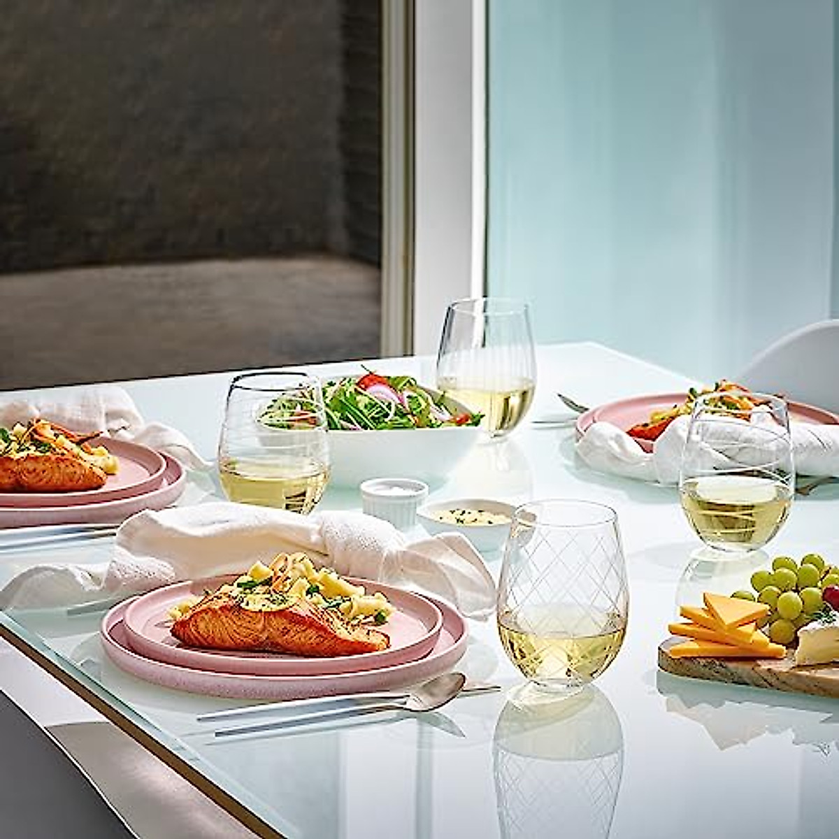 Set of 4 Etched Stemless Wine Glasses - Wine Tumbler Drinking Glass Cups - Kitchen Water Glasses Gift Cup Sets - Lowball Cocktail Glasses for Wedding Anniversary Drink