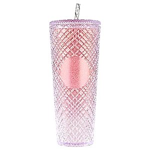 Tumbler with Lid, Iced Coffee Cup Travel Mug Reusable Plastic Cups,Double Walled Insulated Tumblers With Leak Proof Lids,BPA Free,24Oz Glitter Pink
