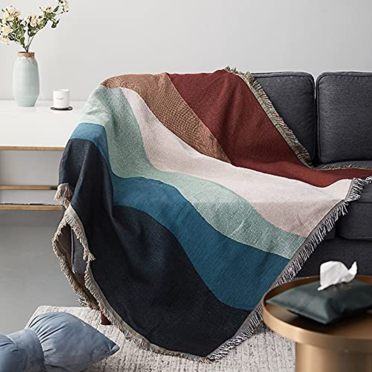 ESTELLEF Boundless Hill Sea Sofa Throw Blanket for Couch Bed Soft Decorative Woven Knit Throws Reversible Dust-Proof Line Blanket for Chair,Sofa,Living Room,Bedroom (Size : 180x260cm/70.8x102.3in)