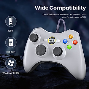 VOYEE PC Controller, Wired Controller Compatible with Microsoft Xbox 360 & Slim/PC Windows 10/8/7, with Upgraded Joystick, Double Shock | Enhanced (White)
