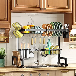 SAYZH Dish Drying Rack, Over The Sink Dish Drying Rack Adjustable (from 26" to 34"), 2 Tier Dish Rack with Utensil Holder Sink Caddy Stainless Steel Dish Drainer for Kitchen Counter, Black