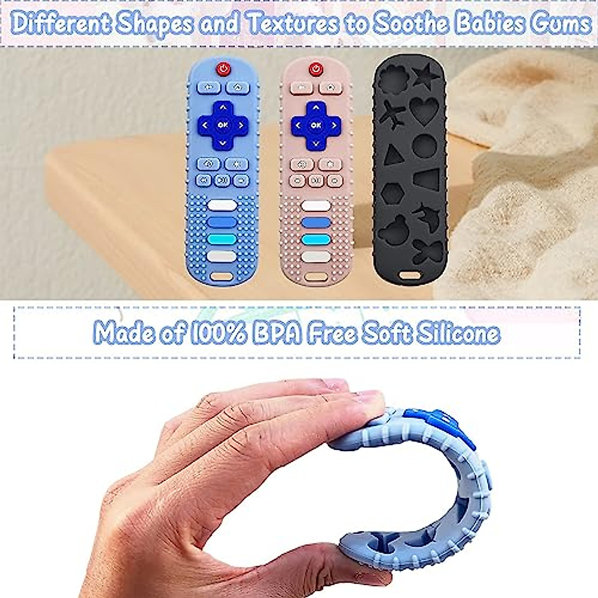 2-Pack Baby Remote Control Teether Toy for Babies 6-36 Months, Silicone Baby Teething Toys, Boys Girls Baby Teething Toys (Black + Gray)