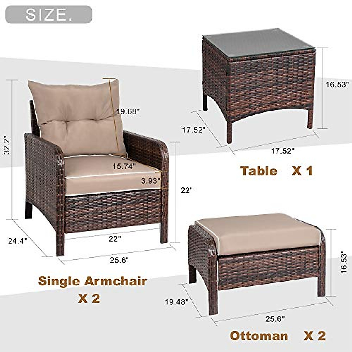 Vongrasig 5 Piece Wicker Patio Conversation Set, PE Wicker Rattan Outdoor Lounge Chairs Set of 2 with Soft Cushions, Ottomans and Glass Table for Porch, Garden, Brown