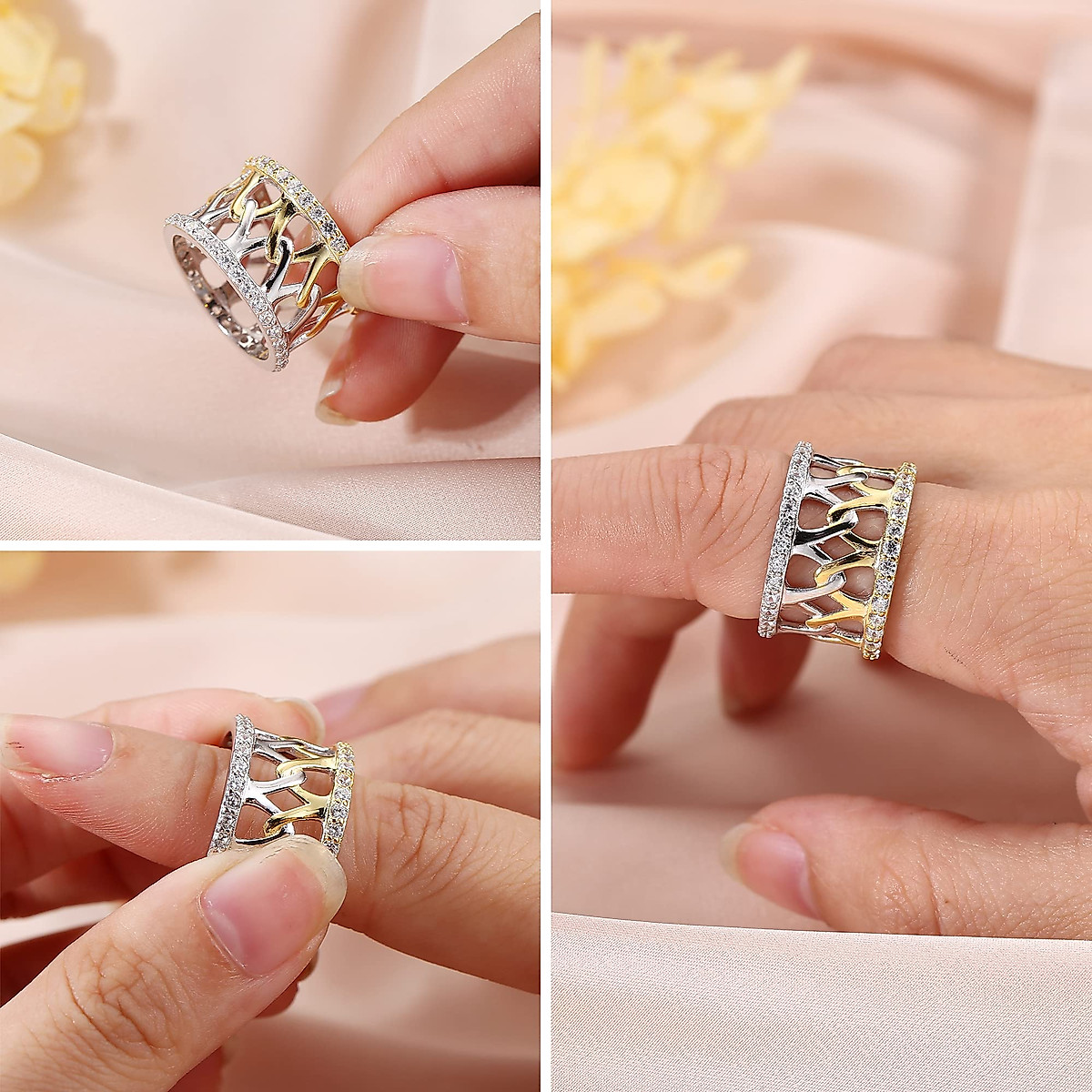 MUSECLOUD Two-color Celtic Rings 925 Sterling Silver 13MM Band Ring Celtic Love Knot Rings White Gold and 14K Gold Plated Eternity Rings Simple Wedding Band For Women Ring Size (7)