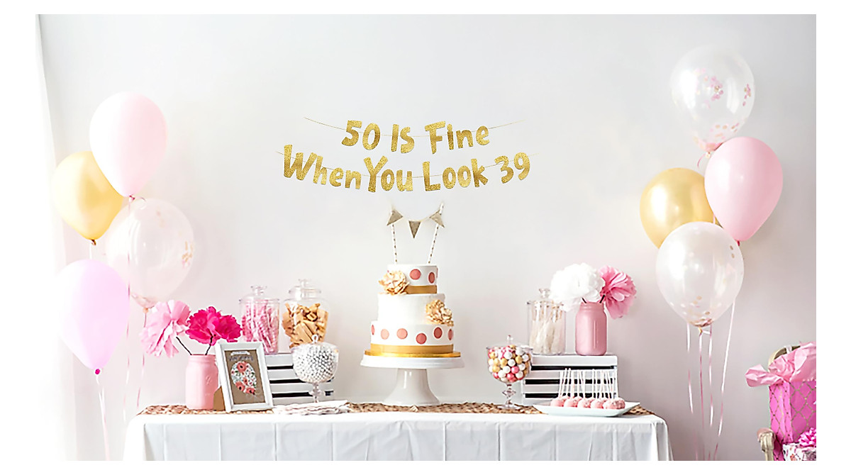 50 Is Fine Glitter Banner for 50th Birthday Celebration