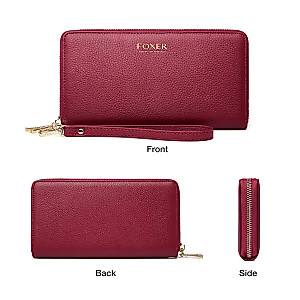 FOXLOVER Leather Zip Around Wallets for Women, Genuine Leather RFID Blocking Gift Box Packing 17 Card Slots Ladies Long Purses with Zipper Coin Pocket Women's Clutch Wallets with Wristband (Blue)