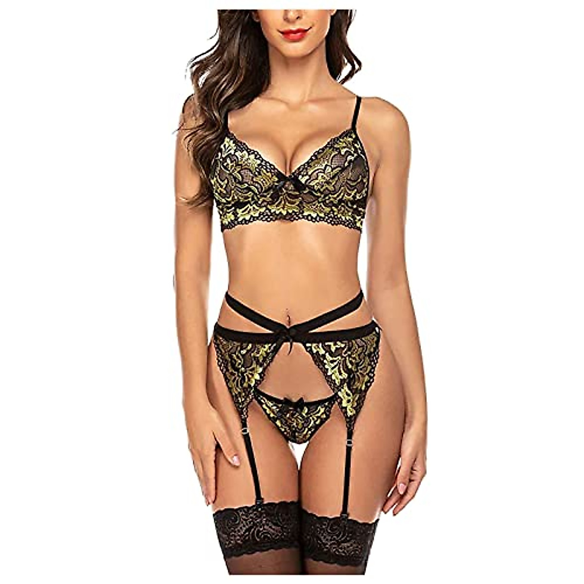 Qopobobo Sexy Lengerie for Women Naughty Garter Lingerie for Women,Lace Sexy,Sheer Matching High Waist Strappy Sleepwear Yellow