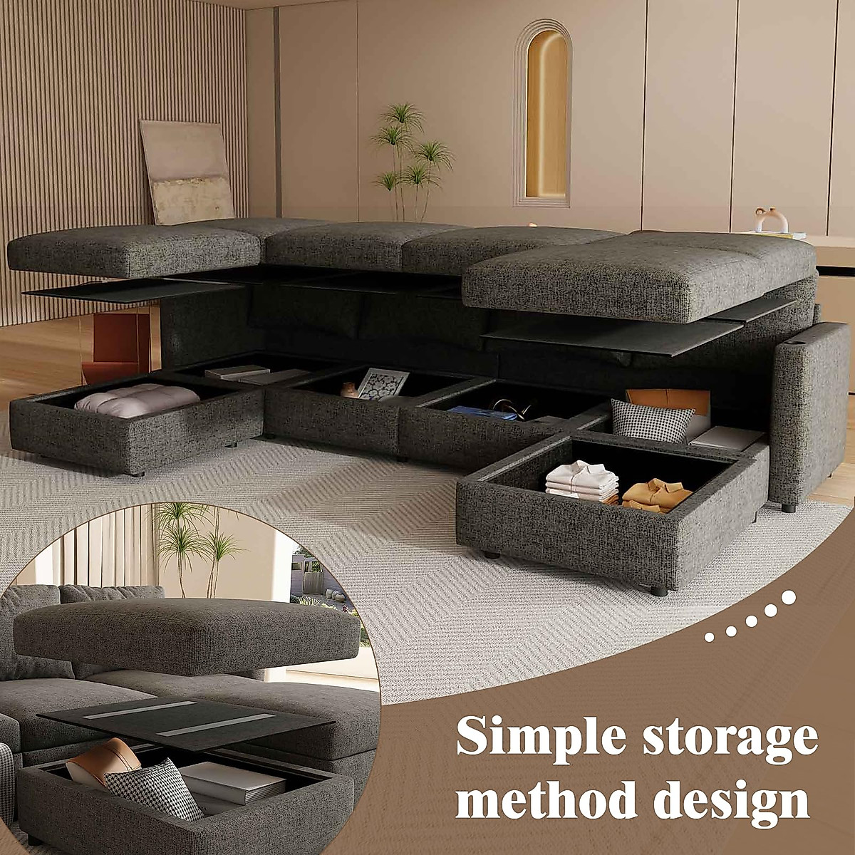 PDNOSC Modern Large Sectional Sofa, U-Shape Modular Sectional Sleeper Sofa with Storage,123" Sofa Bed with Ottoman,6 Seat Sectionals Chaise for Living Room,Chenille (Gray)