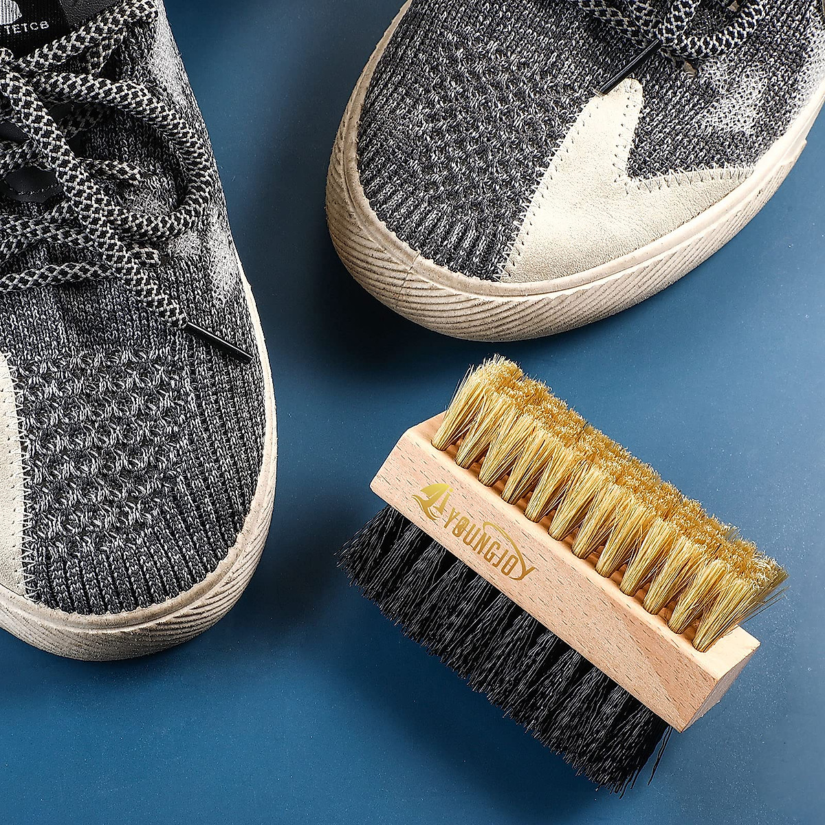 YoungJoy 2 Pieces Dual Sided Sneaker Shoe Cleaner Brush Set Shoes Clean Brush Kit Both Boar and Plastic Bristles with Microfiber Cloth (A)