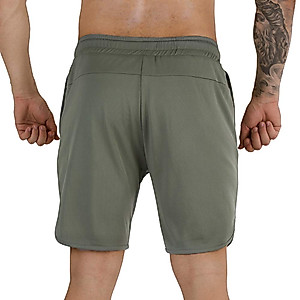 Wangdo Men's Workout Shorts 7" Running Shorts Athletic Bike Shorts Gym Shorts for Men with Zipper Pocket(Black+Green-L)