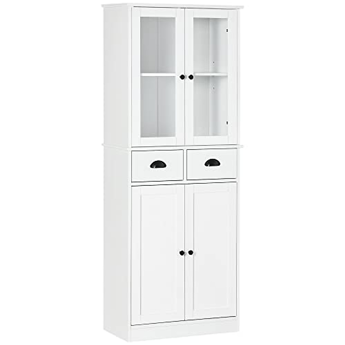 HOMCOM 61" Freestanding Kitchen Pantry, Traditional Style Storage Cabinet with Soft Close Doors, Adjustable Shelves, and 2 Drawers, for Living Room, Dining Room, White