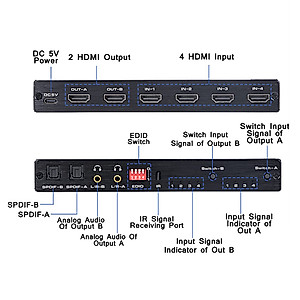 4K HDMI Matrix Switch, 4x2 HDMI Matrix Switcher Splitter 4 in 2 Out with EDID Extractor and IR Remote Control, Support 4K HDR, HDMI 2.0b, HDCP 2.2 4K@60Hz, 3D, 1080P