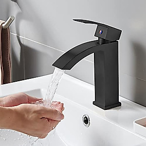 Friho Matte Black Waterfall Bathroom Faucet, Single Handle Black Bathroom Sink Faucet 1 Hole Basin Vanity Sink Faucet with Pop Up Drain and Water Hoses