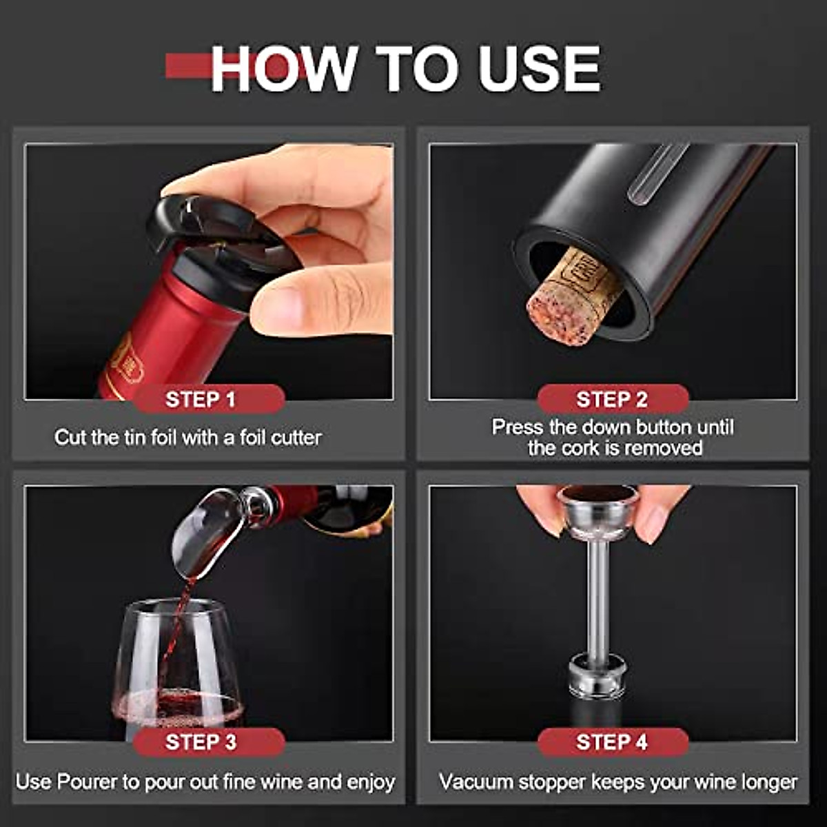 Electric Wine Opener Set ,Wine Bottle Opener Gifts for Home Kitchen,Wine Gifts for Wine Lovers, 5 in 1 Automatic Wine Bottle Opener with Foil Cutter Vacuum Stoppers Pourer