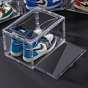 Siunzs Shoe Boxes Clear Plastic Stackable, Large Shoe Storage Box with Magnetic Door, Shoe Containers for Sneaker Display, 3 Pack Shoe Organizer, Easy Assembly, Fit up to US Size 12(14.6"x8.3"x10.2")