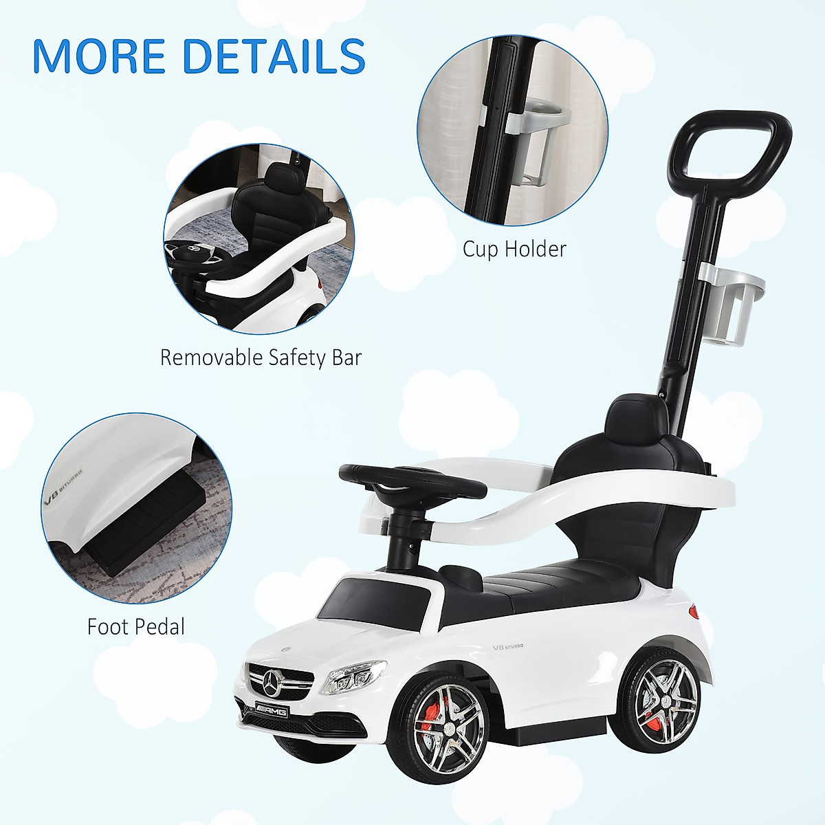 Aosom 3 in 1 Kids Ride on Push Car Stroller Sliding Walking Car for Toddler with Underneath Storage, Horn, Music, Working Steering Wheel, White