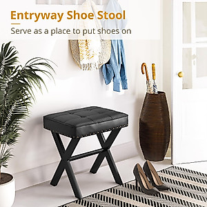 LUE BONA Vanity Stool, Square Faux Leather Makeup Stool with Metal X Legs, Small Ottoman Stool Chair for Vanity, Modern Padded Vanity Seat Foot Rest Stool for Makeup Room, Living Room, Black