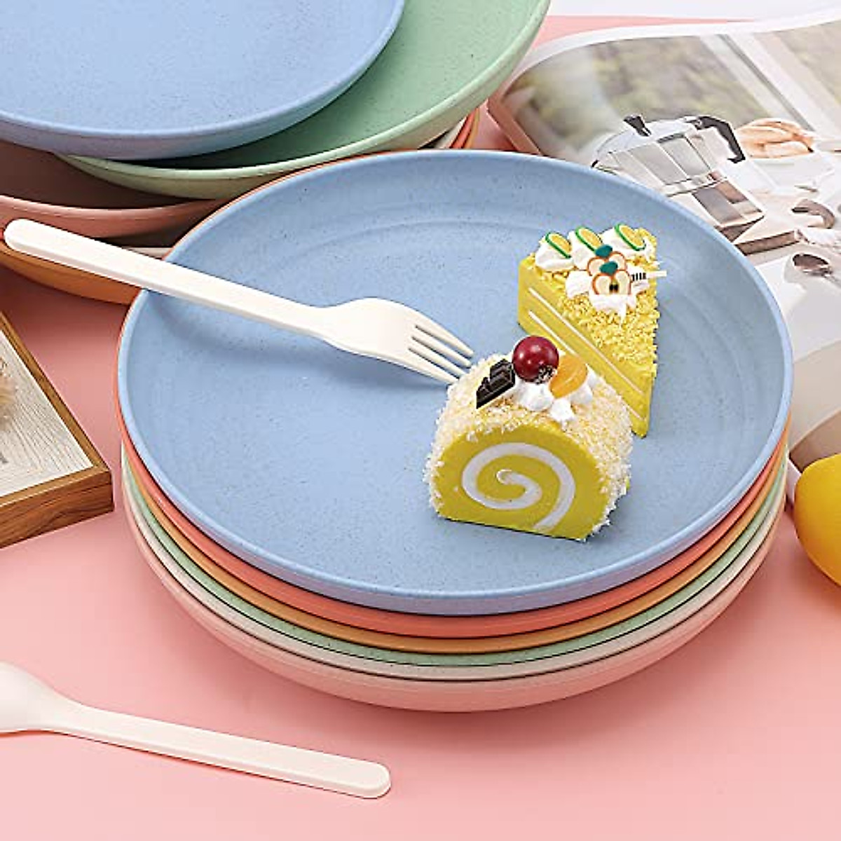 Dwrttow 12 Pack Wheat Straw Plates,9 Inch Lightweight Straw Plates,Plastic Plates Reusable,Unbreakable Deep Dinner Plates,Perfect for Dinner Dishes,BPA free & Eco-Friendly,Dishwasher & Microwave Safe