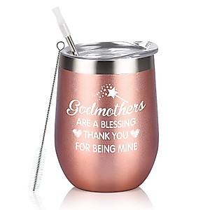 GINGPROUS Godmother Appreciation Gift, Godmothers Are a Blessing Thank You for Being Mine Mother's Day Christmas Birthday Gift for Godmother, 12 Oz Insulated Stainless Steel Wine Tumbler, Rose Gold