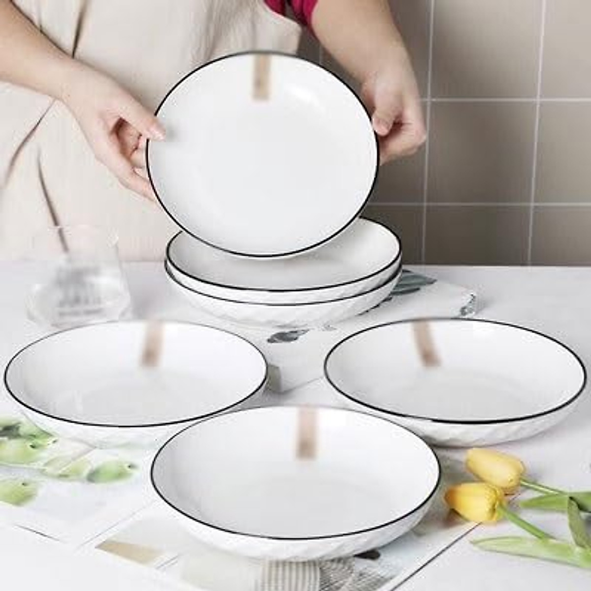 ESTELAR Dinner Plates Set Pack Of 6 Household Plates, Ceramic Plates, Deep Soup Bowls, Creative Personality, Simple Nordic Tableware Kitchen Salad Bowl