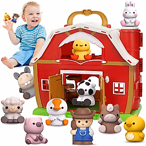 Aigybobo Farm Animals Big Barn Toys for 1 2 3 Year Old, Toddler Montessori Learning Toy, Farm Playset with Animal Figures and DIY Stickers, Christmas Birthday Gift for Baby Boys Girls Age 12-18 Months