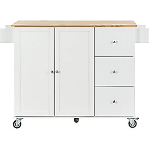 OPTOUGH Rolling Mobile Kitchen Island with Locking Wheels,Storage Cabinet and Drop Leaf Breakfast Bar, Kitchen Cart for Home w/Spice Rack,Towel Rack & Drawer,White