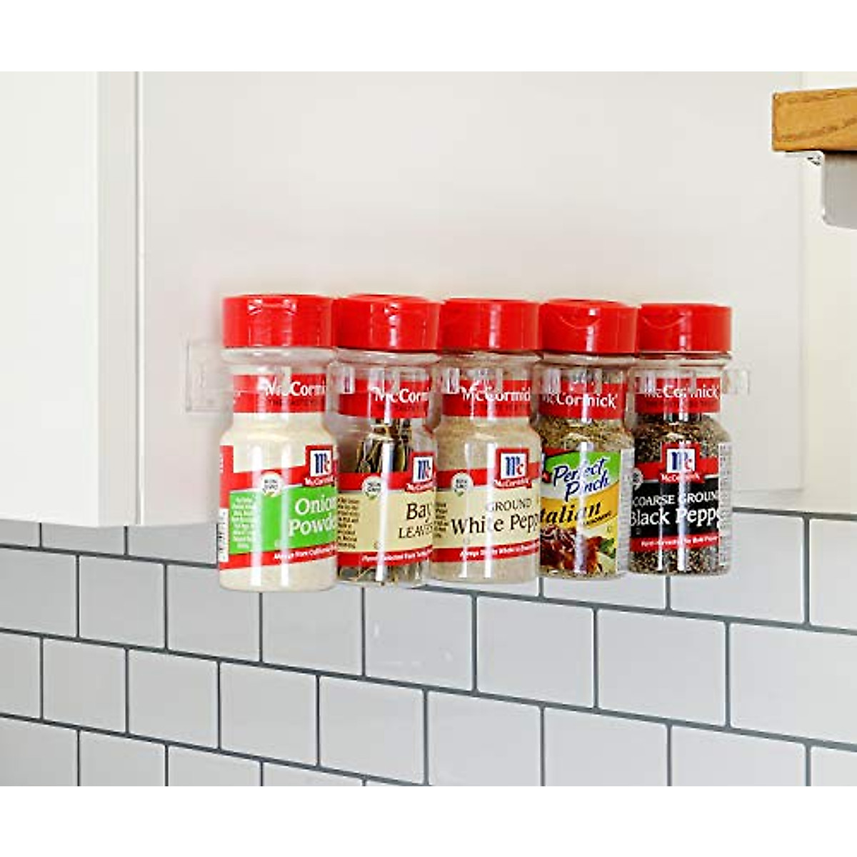 CAXXA 20 Clear Adhesive Spice Gripper Strip Clips, Spice Rack Dispenser, Kitchen Cabinet Holder, 4 Strips, Holds 20 Jars