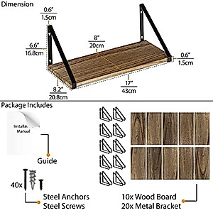 Wallniture Ponza Floating Shelves for Wall, 17"x8" Bookshelf for Large Books, Storage Shelves for Office, Hallway Living Room Decor, Set of 10, Burnt