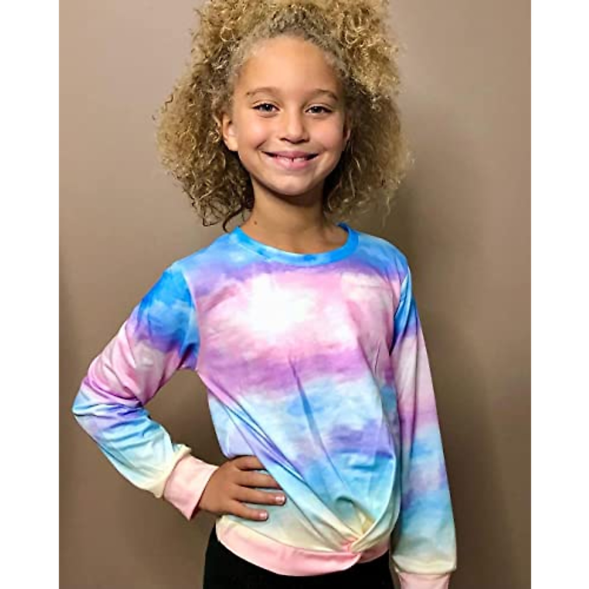 Arshiner Girls Casual Twist Front Light Weight Sweatshirt Tie Dye Printed Long Sleeve Crop Tops Pullover Size 7-8 Years