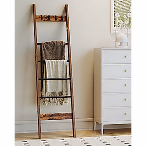 Hzuaneri Blanket Ladder Shelf for Living Room, Decorative Quilt Rack with 4 Removable Hooks, 6-Tier Farmhouse Ladder Holder Organizer for Bedroom, Rustic Brown BR31501B
