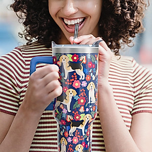 owbgsdh Beagle Gifts for Women Dog Lovers 40 oz Floral Beagle Tumblers with Handle and Straw, Stainless Steel Vacuum Insulated Travel Coffee Mug Cup Water Bottle