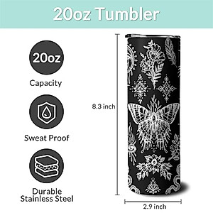 owbgsdh 20 oz Goth Skinny Tumblers with Lid and Straw, Butterfly Stainless Steel Vacuum Insulated Travel Coffee Mug Cup Water Bottle, Gothic Decor Stuff Accessories, Gifts for Women Girls Goth Lover