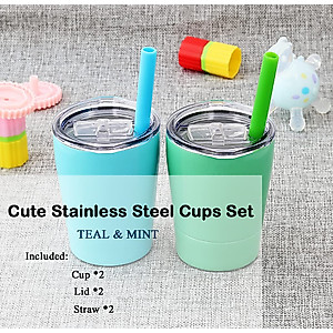 Colorful PoPo Cute Stainless Steel kids cup Straw Cups for Toddlers, Mini Insulated Tumblers with Lids for Smoothie Milk, Set of 2 (Teal Mint, 8.5 OZ)