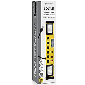 Digital Energy 6 Outlet Heavy Duty Workshop Surge Protector Power Strip with Lighting - AC 15A 125V 60Hz 1875W SJT 14AWG/3C - 2 USB Ports DC 5V 3.4A - 2 LED Lamps 500 Lumen 20W - 25 FT