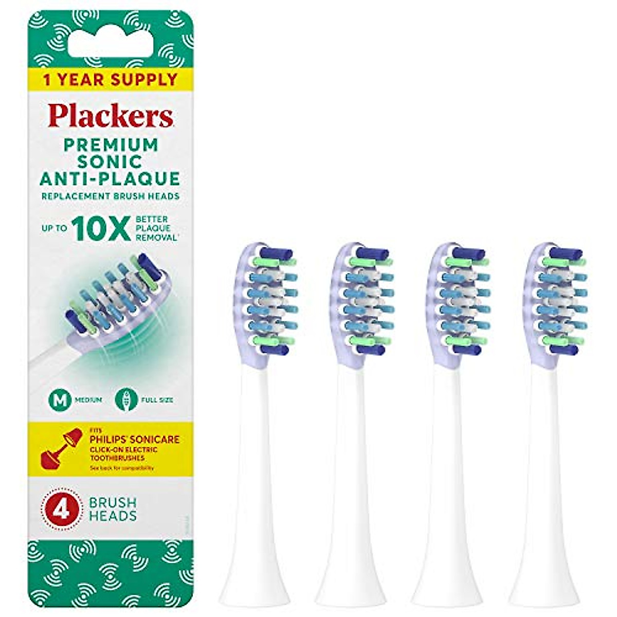 Plackers Premium Sonic Anti-Plaque Replacement Brush Heads, Fits Philips Sonicare Click-On Electric Toothbrushes, 1 Year Supply, Blue, 4 Count