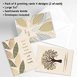 Foil Falling Leaves Sympathy Cards - Set of 8 (4 designs), Large 5" x 7", Sympathy Cards with Sentiments Inside, Includes White Envelopes