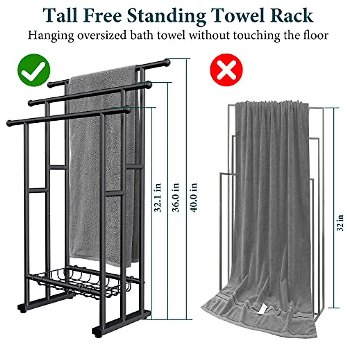 Kayfia 40" H Free Standing Towel Rack, 3 Tier Alloy Steel Towel Rack Stand with Basket, Blanket Drying and Display Rack for Oversized Bath Towels Bathroom Accessories, Next to Tub or Shower (Black)