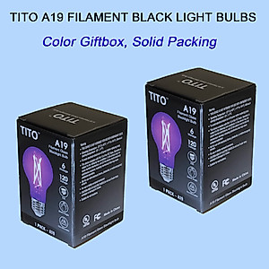 TITO 2 Pack E26 A19 Filament LED Black Light Bulbs, UVA 395nm 6W Blacklight Bulb 100W Equivalent, Black Light Bulb Glow in Dark Halloween Christmas Party Fluorescent Tapestry Poster Decor Body Paint