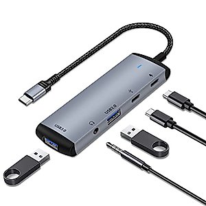 5 IN 1 USB C to 3.5mm Headphone and Charger Adapter, USB C Hub OTG USB 3.0 Data Adapter PD 60W Charger Fit with iPad Pro/iPad Air Mini/Macbook Pro/Air, Galaxy S23 S22 Note 20 Ultra, Pixel 7 6 Pro