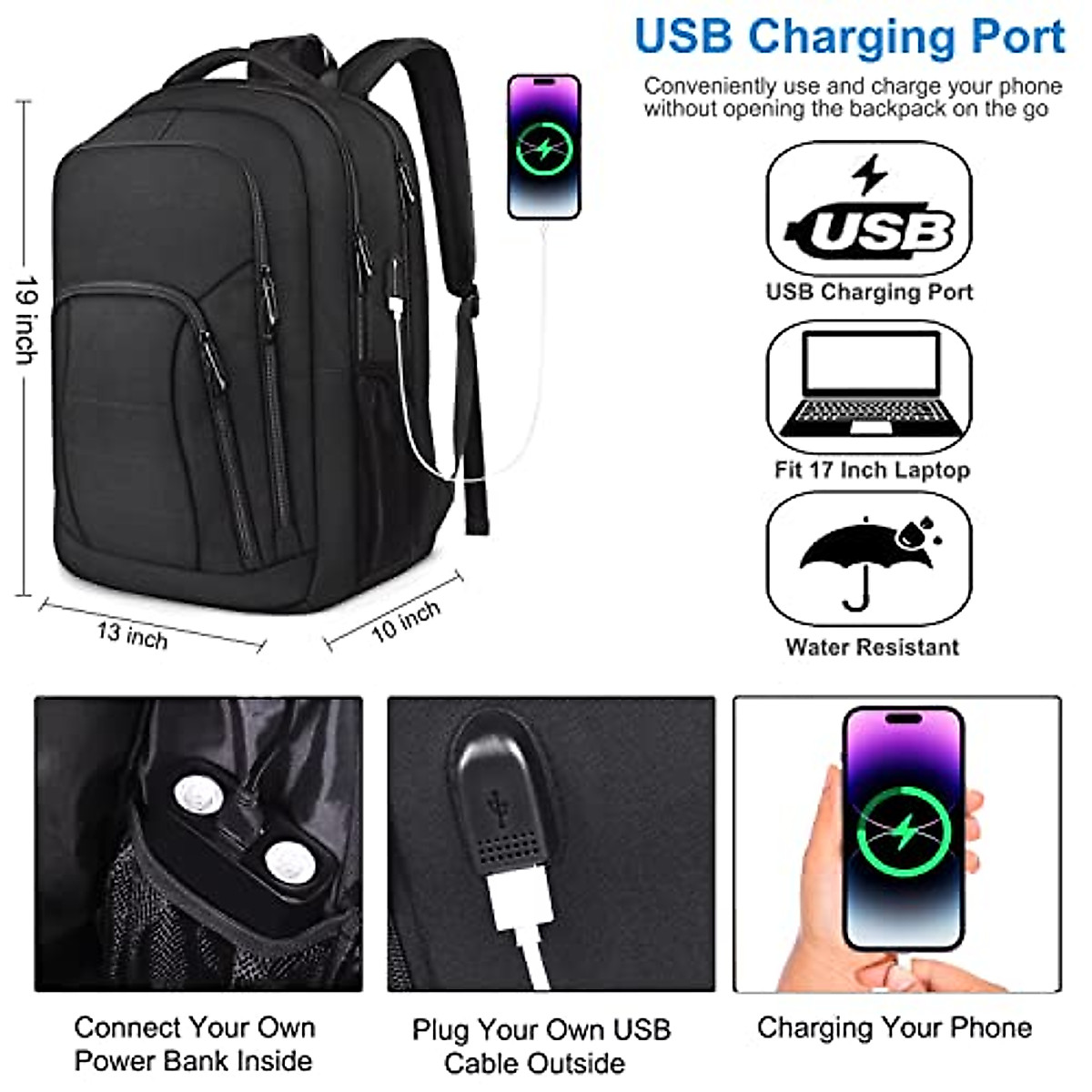 BOOEUDI Laptop Backpack 17.3 Inch TSA Friendly Large Travel Backpack for Men Women Business Carry On Backpack with USB Charging Port Anti Theft Computer Bag, Black