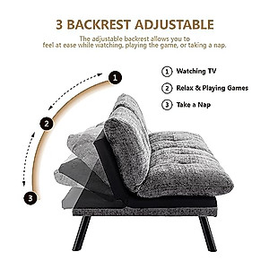 Futon Sofa Bed, Convertible Sleeper Sofa with Adjustable Backrest, Loveseat Futon Bed with Black Metal Legs, Breathable Lounge Couch for Apartment, Studio, Office, Small Space (Blue)
