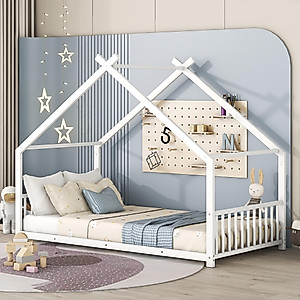 Wakefit Twin Size Montessori Floor Bed with Headboard and Footboard, Metal House Bed Frame with Soundproof Strip for Children, Toddlers, Boys, Girls Bedroom, Kids Playroom, No Box Spring Needed(White)
