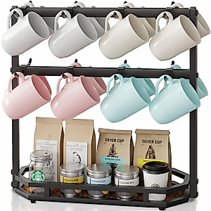 YEFDG Coffee Mug Holder with Movable Hooks, 14 Capacity Coffee Cup Holder for Organizer Countertop, Metal Mug Tree Holder Rack with Storage Base, Home Storage Mug (Black)
