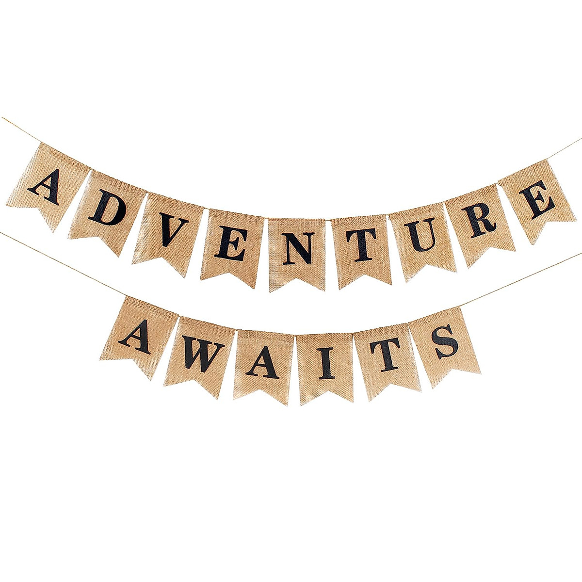 LINGTEER Adventure Awaits Burlap Banner Bunting Bon Voyage Travel Retirement Graduations Wedding Party Pennant Decorations Supplies - [Pre Strung].