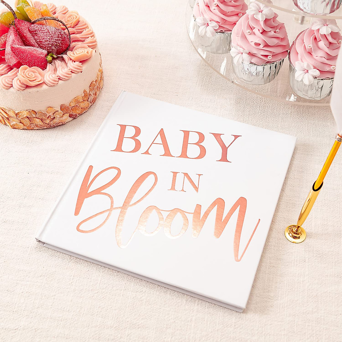 Calculs Polaroid Baby Shower Guest Book Baby in Bloom Signature Bridal Party Picture Book Blank Pages for Instant Film 8.5” Square White Cover Rose Gold Stamping