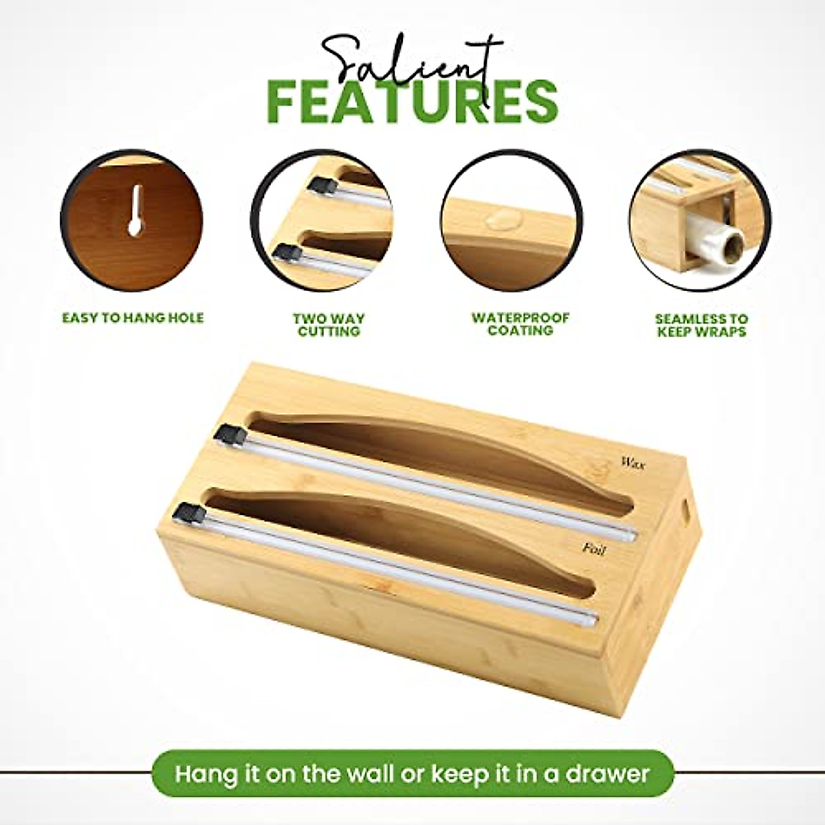 Utopia Kitchen 2 in 1 Plastic Wrap Dispenser with Cutter, Aluminum Foil and Plastic Wrap Organizer with Cutter, Bamboo Dispenser for Kitchen Organization and Storage - Fits 12 Inch Rolls - Natural