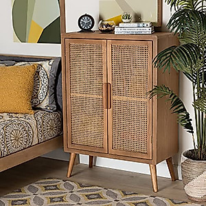 Baxton Studio Mid-Century Brown Oak Finished Wood and Rattan Storage Cabinet