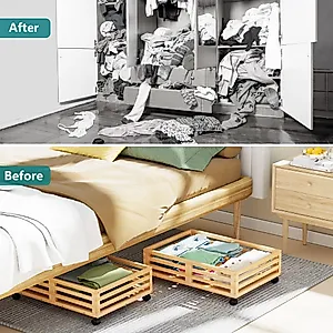 Bamboo Under Bed Storage Containers- Underbed Organizer with Wheels with Large Capacity Dust Bag,Sturdy Wood Rolling Under Bed Shoe Storage Organizer Drawer 2 Packs (Nature, Small)